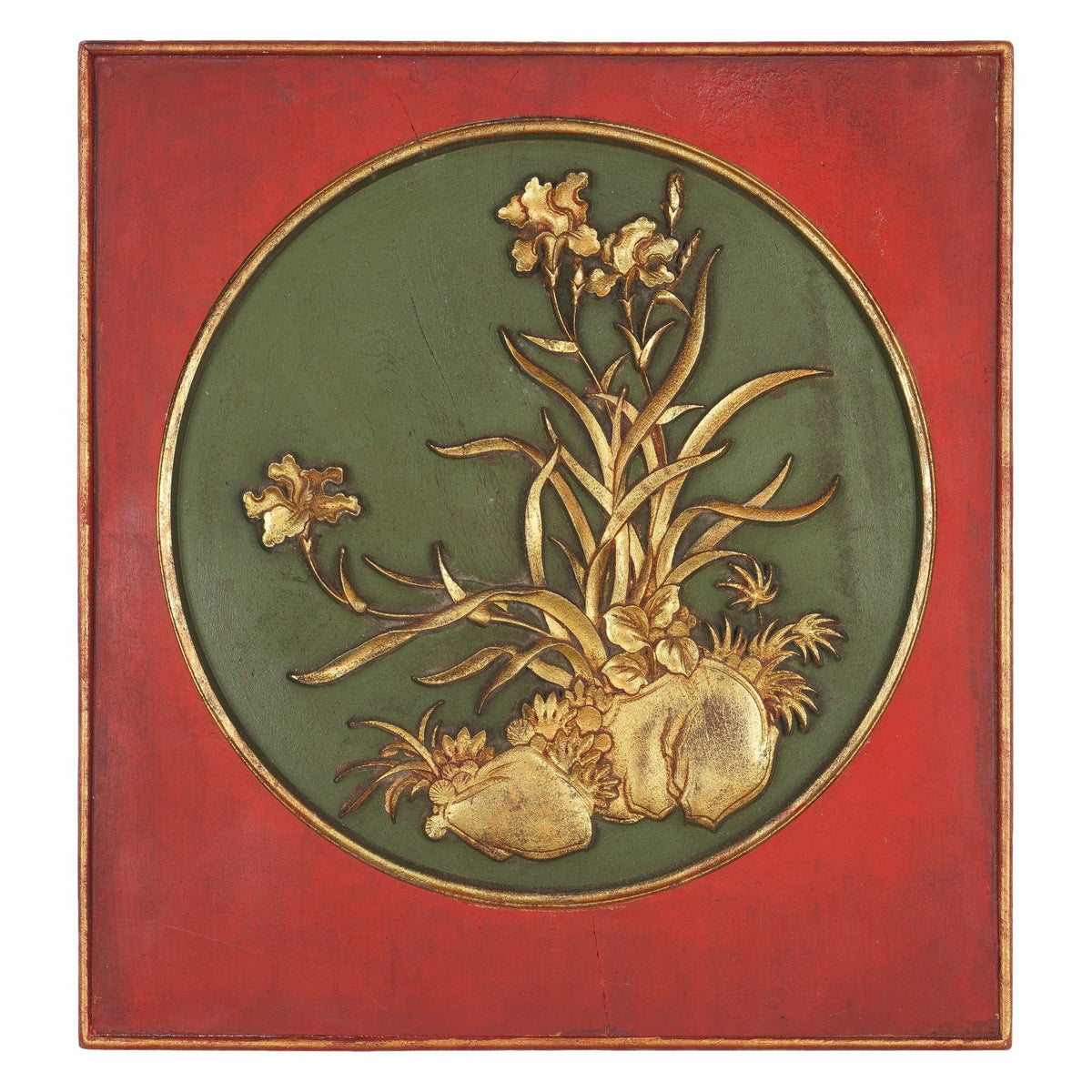 Chinese wood panel with a shallow carved and gilt cartouche on a red l ...