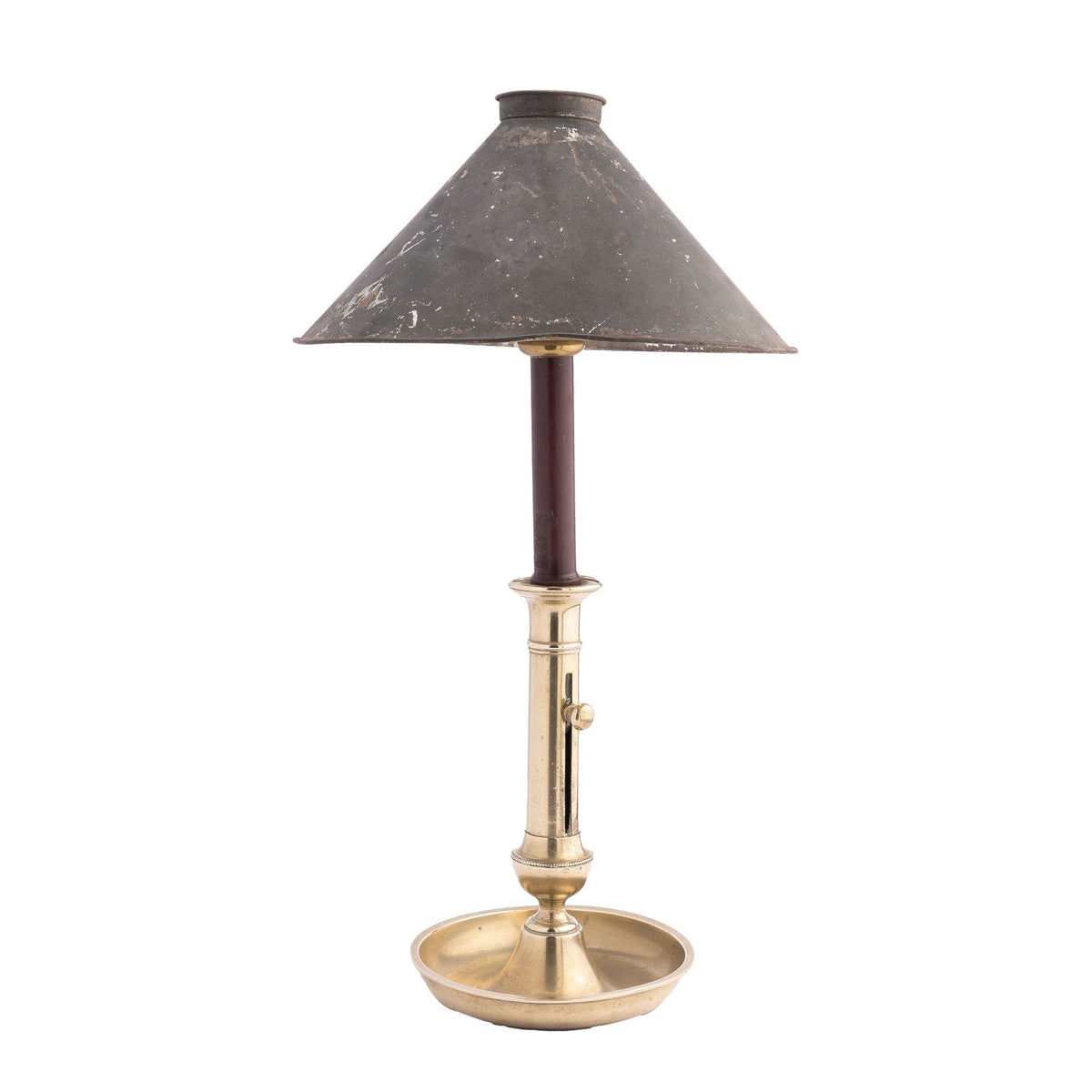 French cast brass Charles X candlestick with ejector and tole shade (c ...