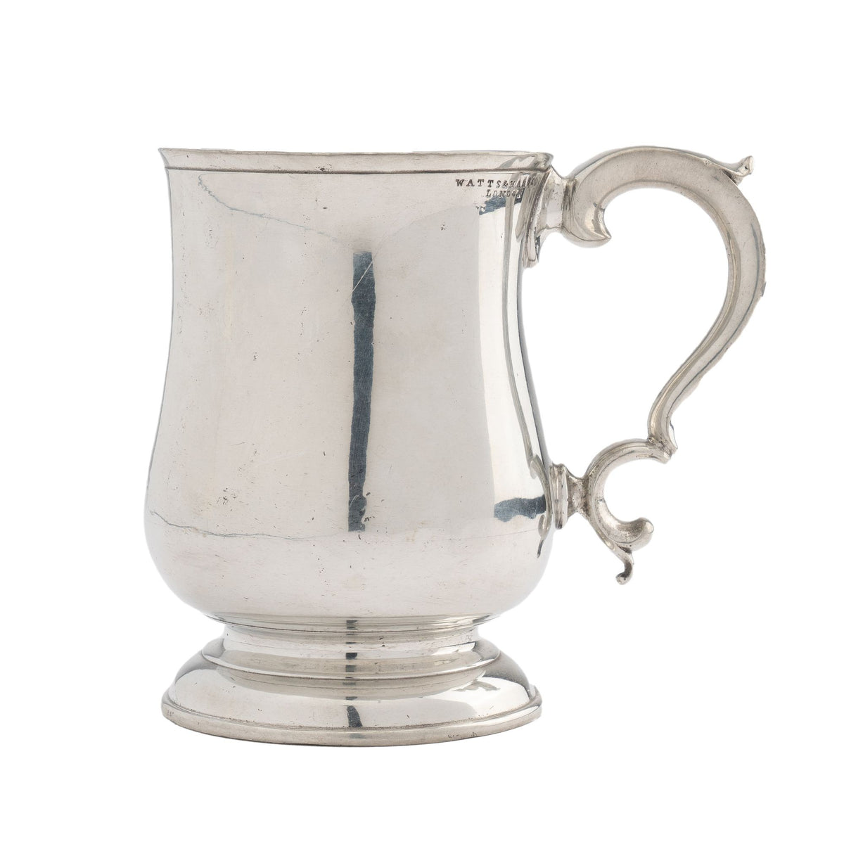 Watts & Harton tulip shaped polished pewter mug with applied scroll ha ...